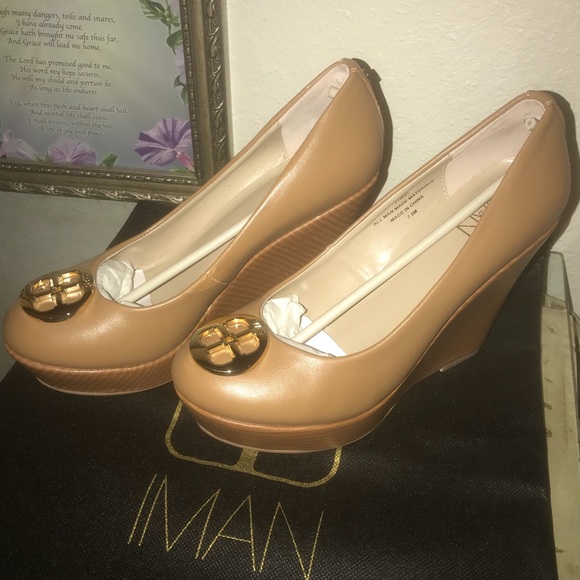 IMAN | Shoes | Iman Camel Stiletto Gold Logo Platform Wedge Heels ...